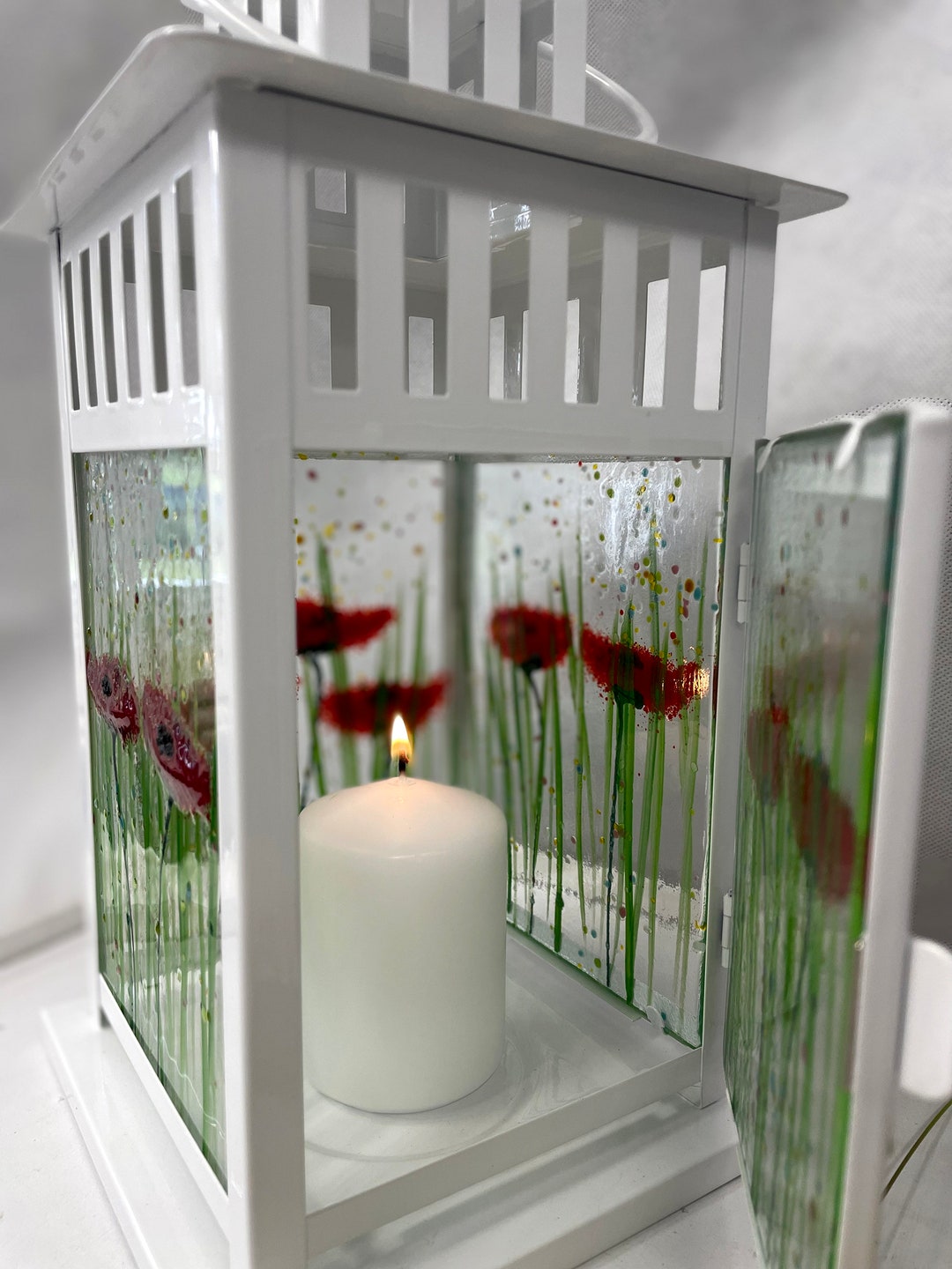 Large Fused Glass Lantern "poppy Design" Alice Range - Etsy