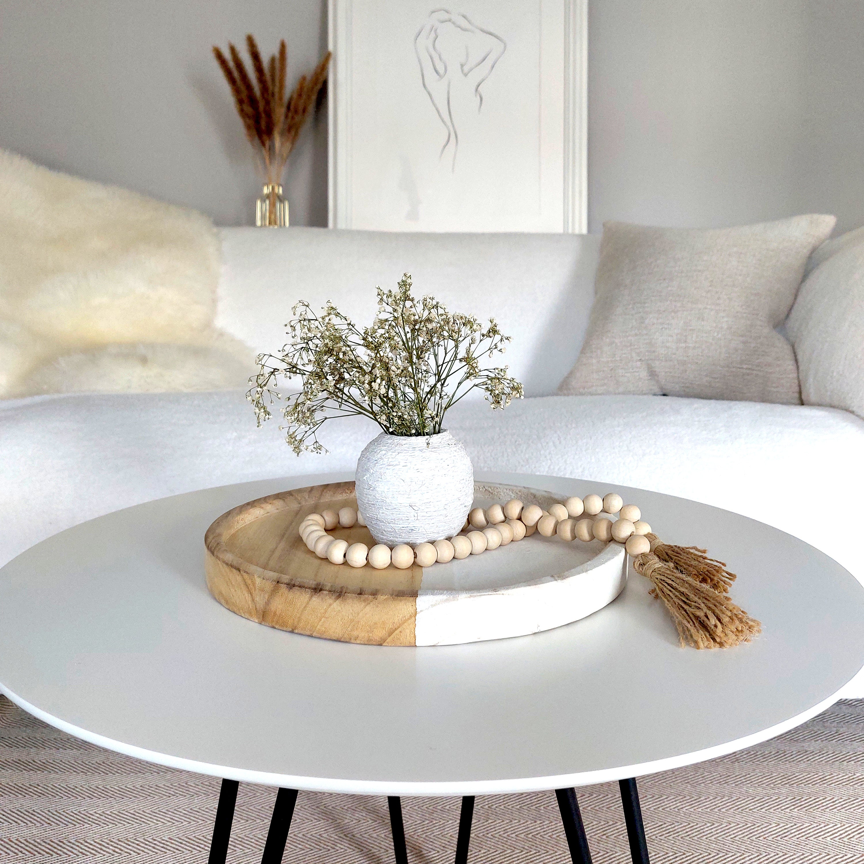 Natural Wooden White Round Display Serving Tray Table Décor Statement ...