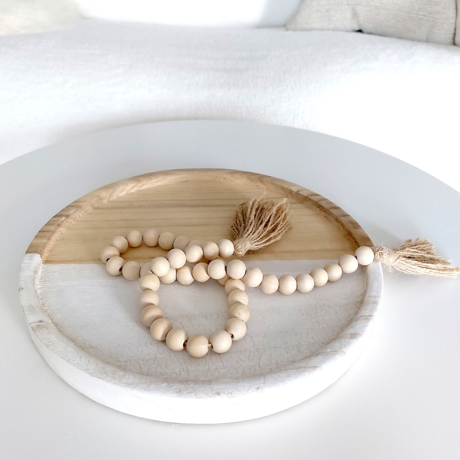 Natural Wooden White Round Display Serving Tray Table Décor Statement ...