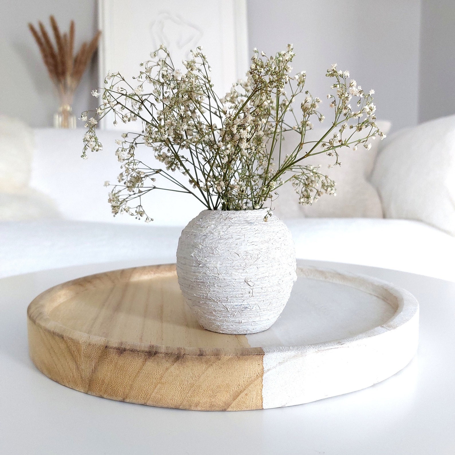 Natural Wooden White Round Display Serving Tray Table Décor Statement ...