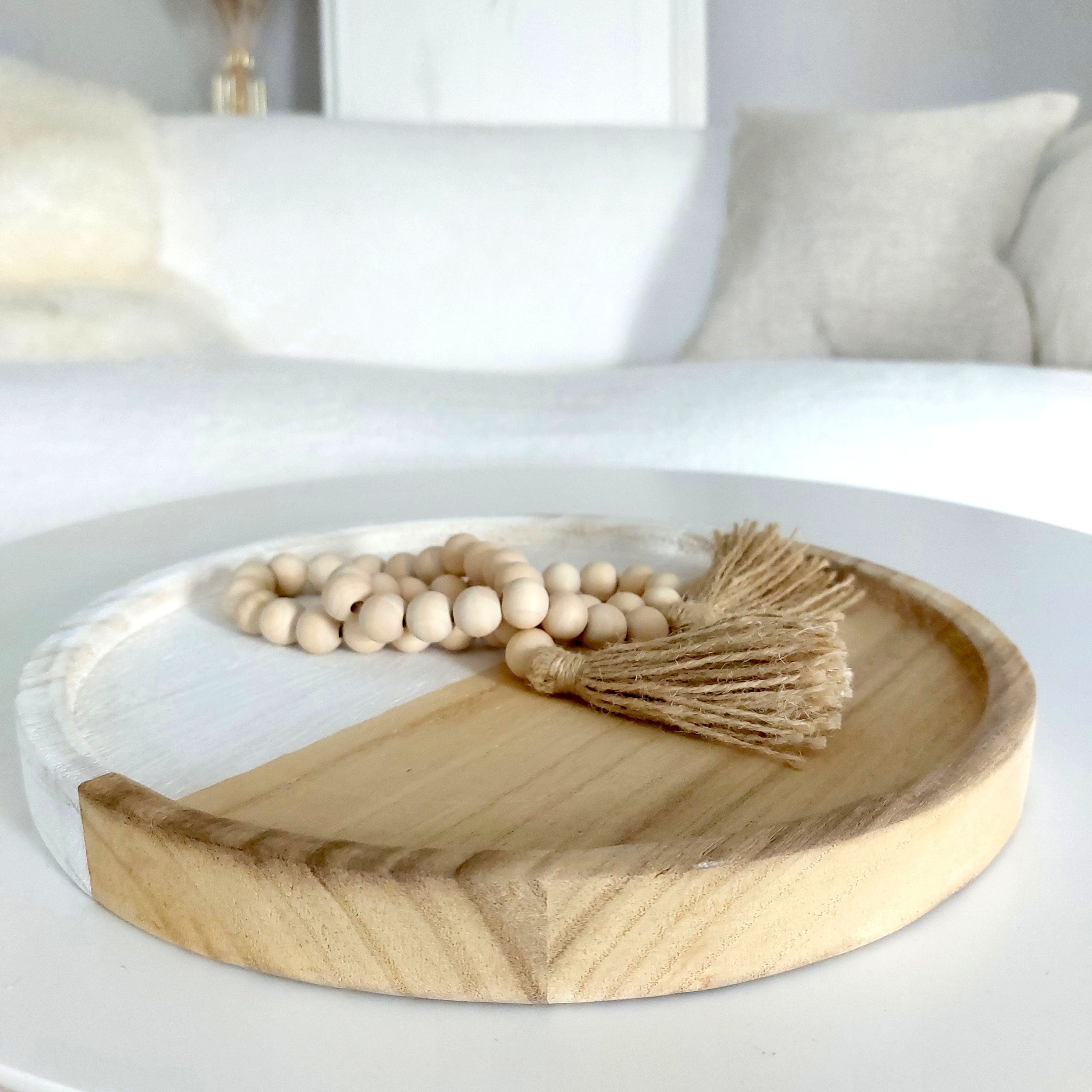 Natural Wooden White Round Display Serving Tray Table Décor Statement ...