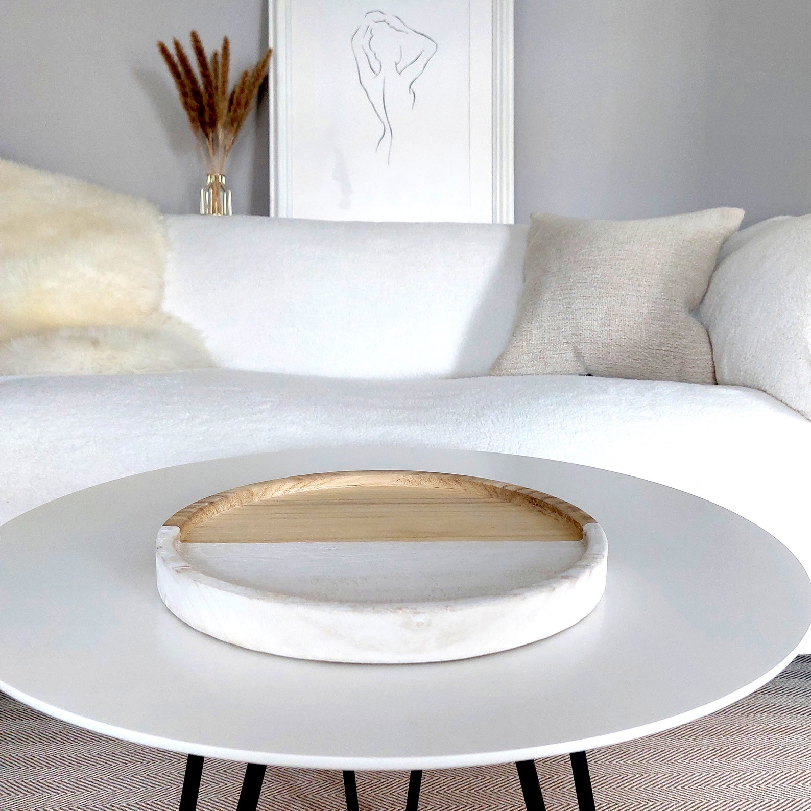 Natural Wooden White Round Display Serving Tray Table Décor Statement ...