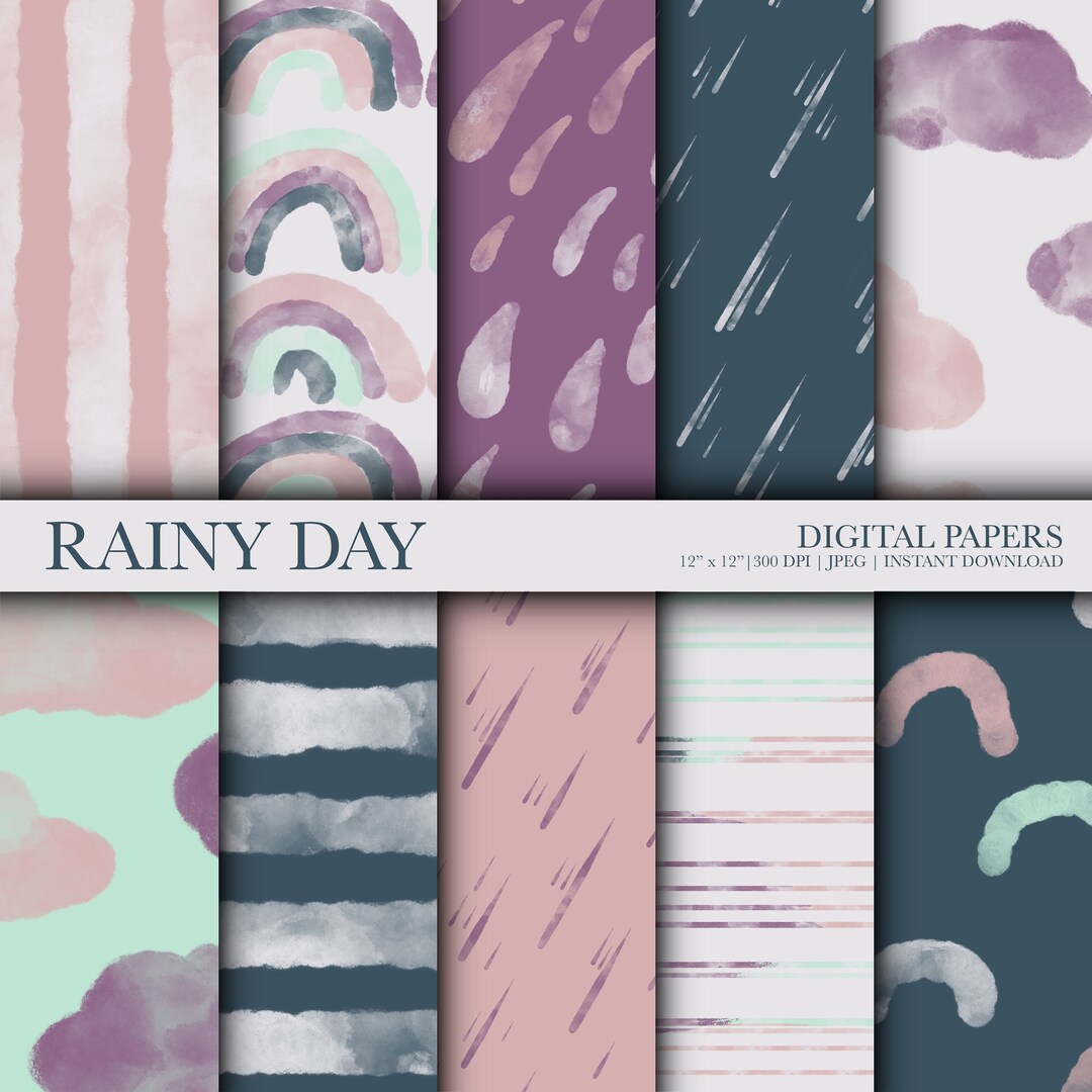 Digital Paper Pack Watercolour Effect Painted Rainbow Rainy Cloudy Day ...