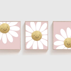 Set of 3, Daisy Smiley Face Wall Art, Pink Nursery Decor, Daisy Wall ...