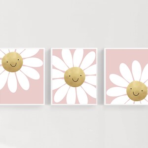 Set of 3, Daisy Smiley Face Wall Art, Pink Nursery Decor, Daisy Wall ...