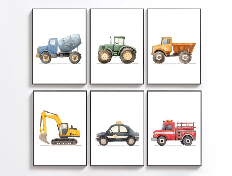 Watercolour Trucks Prints, Construction Nursery Decor, Boys Room Wall ...