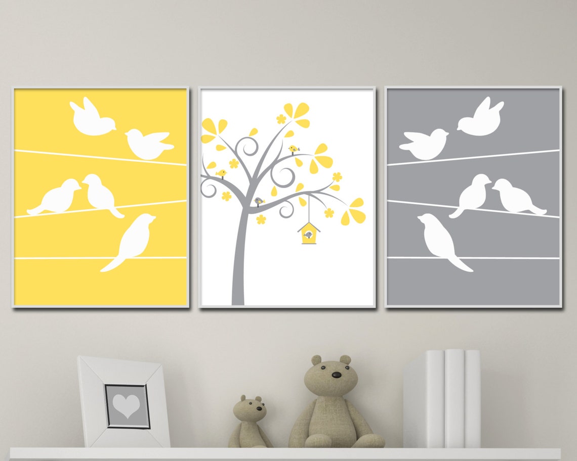 Bird Nursery Wall Art Print, Bird and Trees Wall Art Prints, Yellow ...
