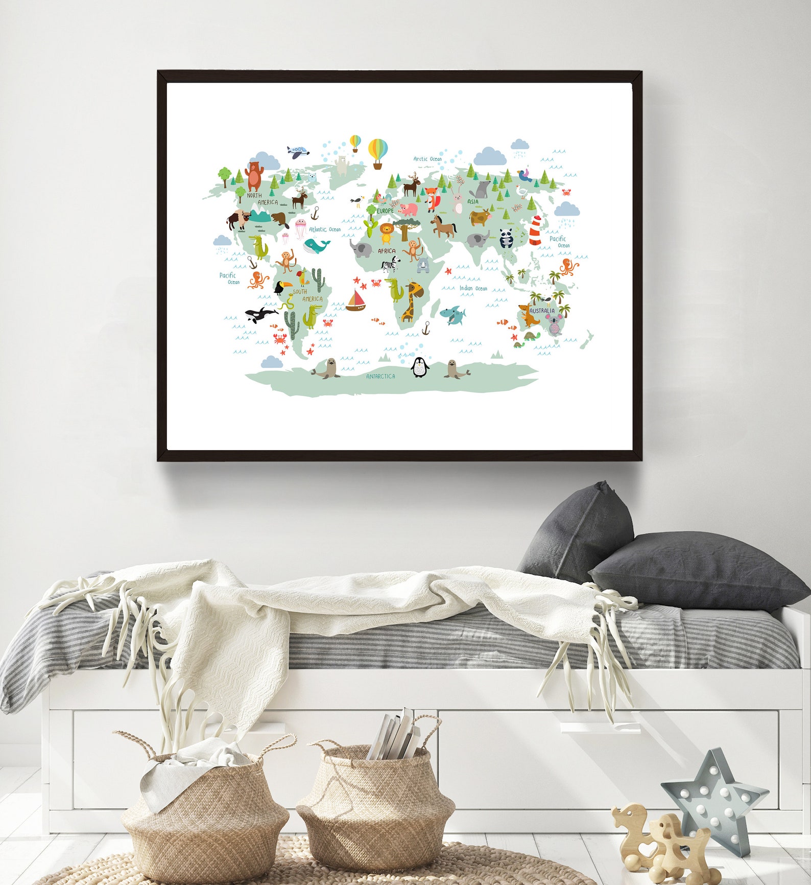 Animal World Map, Nursery Map, Educational Poster, Nursery Wall Decor ...