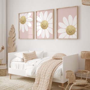 Set of 3, Daisy Smiley Face Wall Art, Pink Nursery Decor, Daisy Wall ...