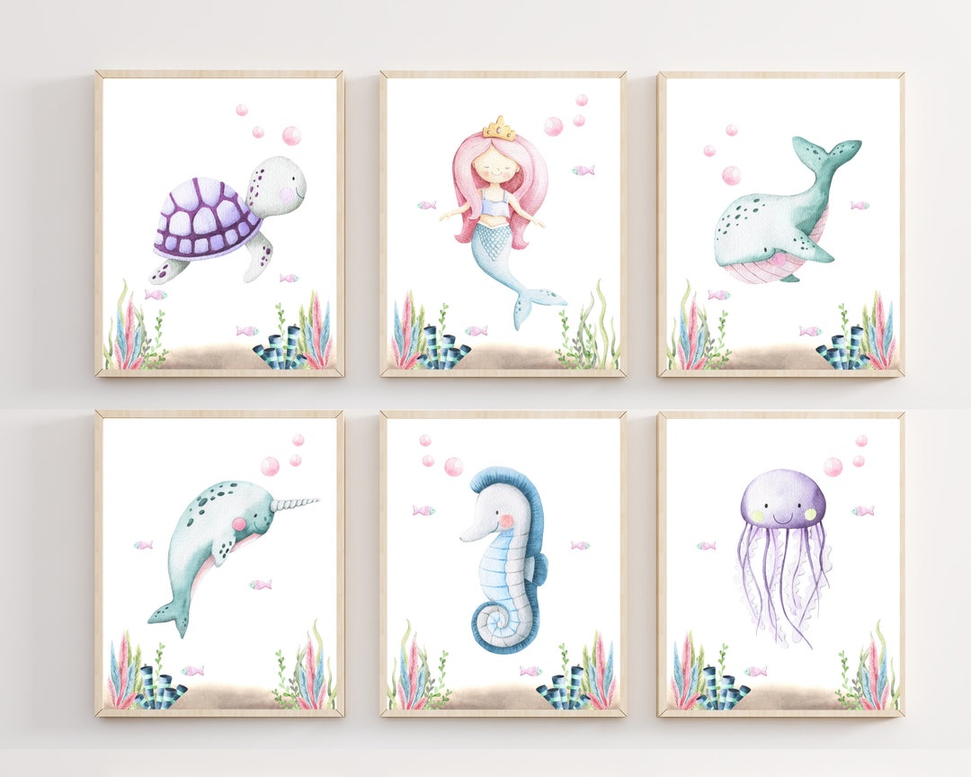 Nursery Ocean Prints - Girls Room Decor - Mermaid and Sea Animals Wall ...