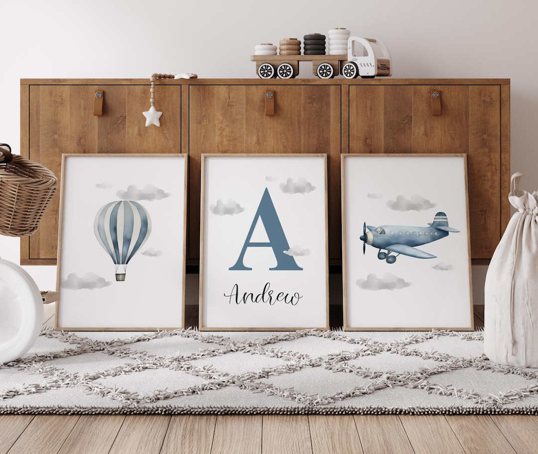 Personalized Name Boys Wall Art Prints, Blue Boys Room Decor, Retro ...