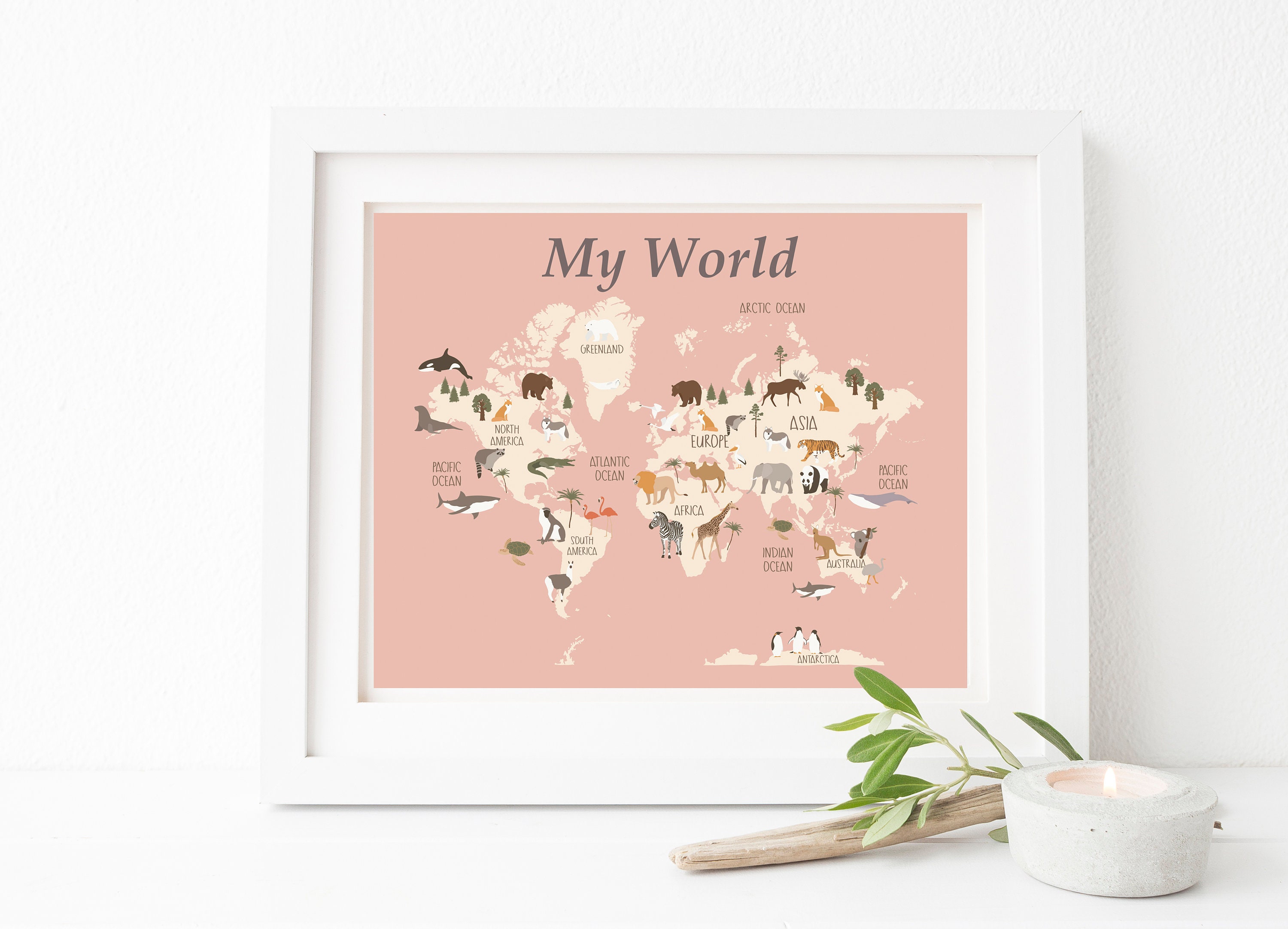World Map Wall Art Kids Map Pink World Map Decor Animal | Etsy
