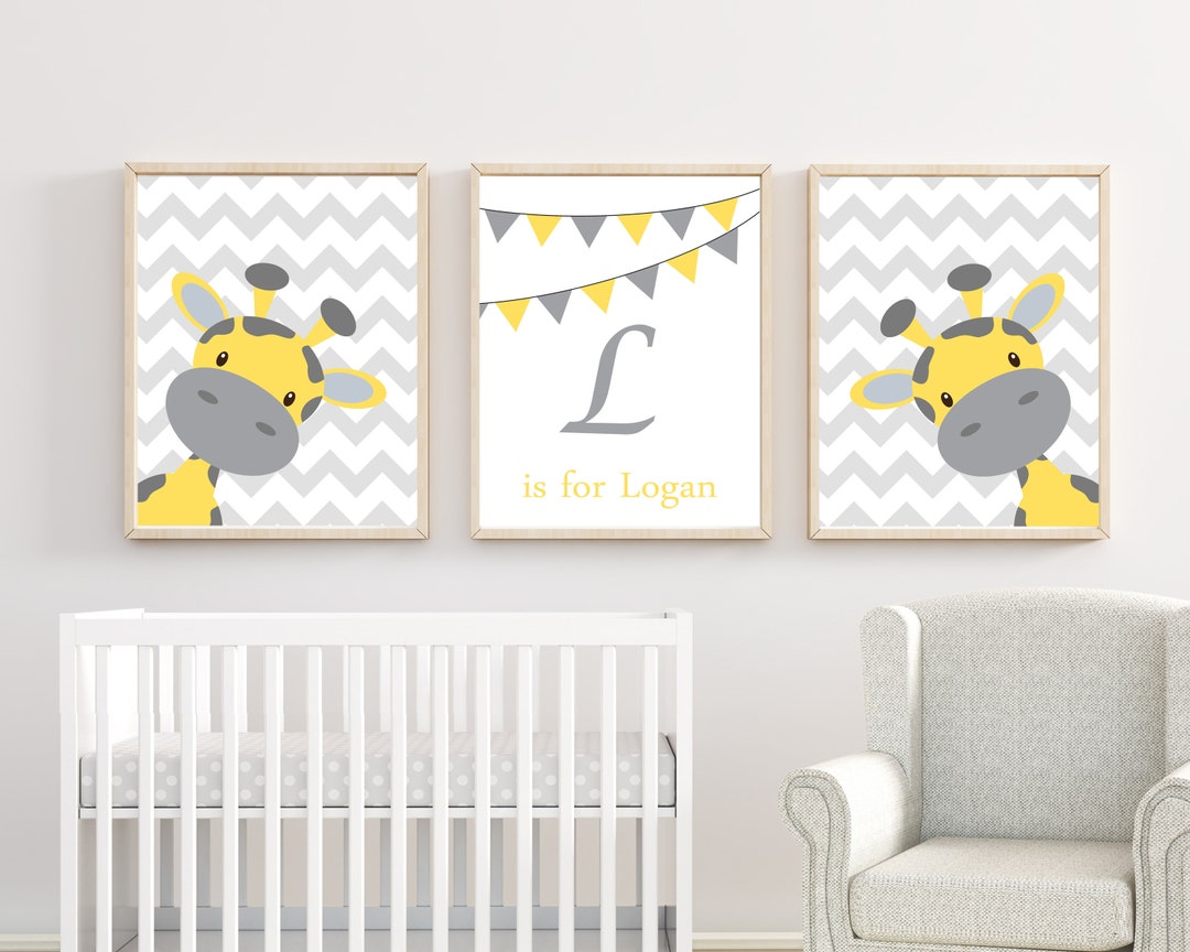 Baby Giraffe Nursery Art, Personalized Wall Art Prints, Yellow and Gray ...