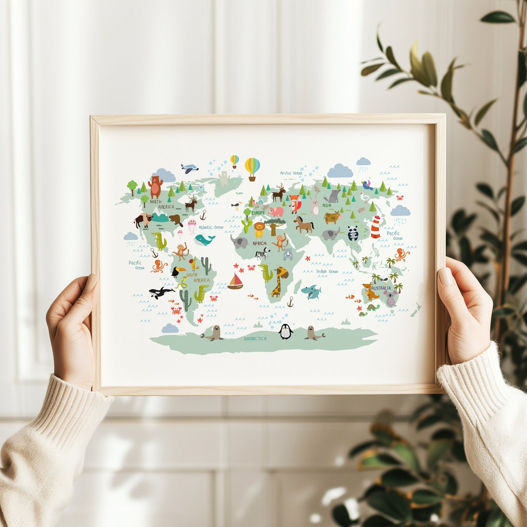 Animal World Map, Nursery Map, Educational Poster, Nursery Wall Decor ...