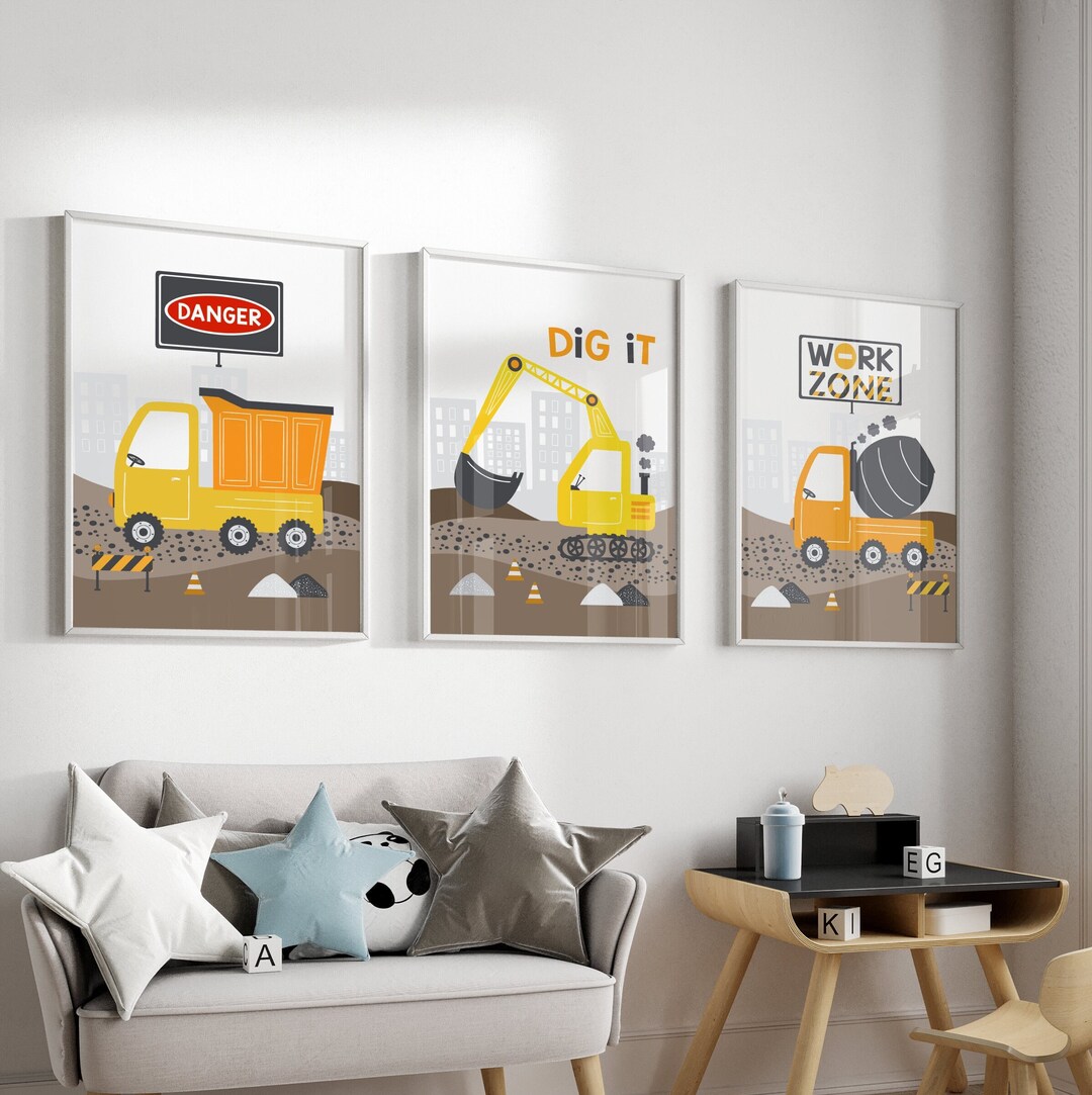 Boho Construction Trucks Prints, Construction Nursery Decor, Boy Room ...