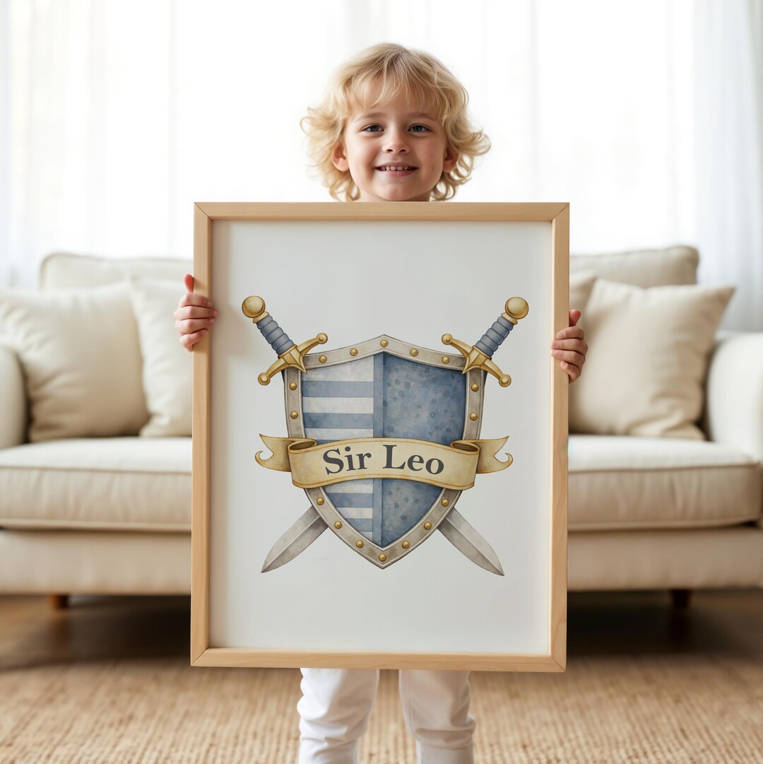 Personalised Knight Nursery Wall Art, Medieval Shield Name Print, Boys ...