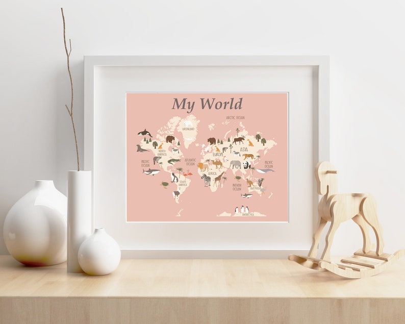 World Map Wall Art Kids Map Pink World Map Decor Animal | Etsy
