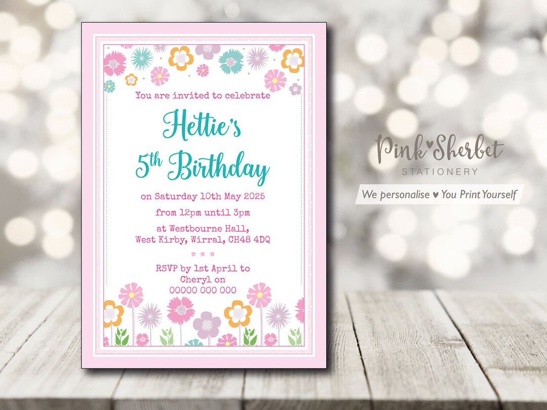 Girls Flower Stem Party Invitations Personalised Digital - Etsy