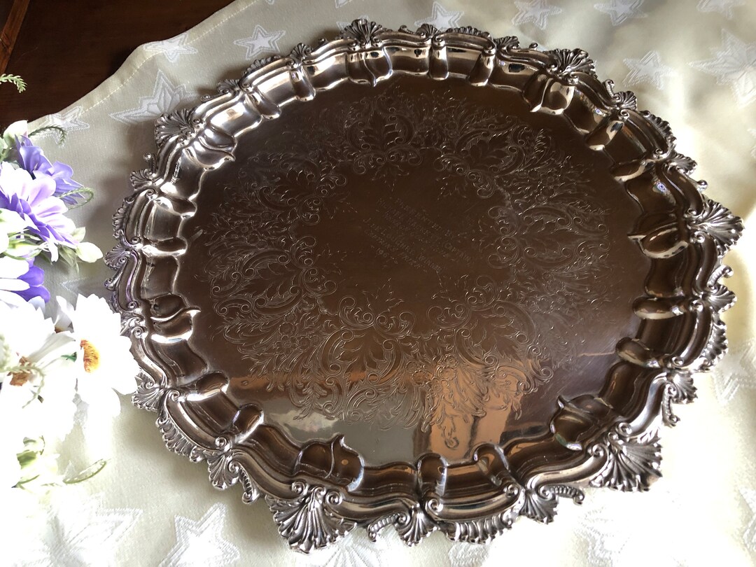 Round Tray/salver, Silver Plate on Copper, 15in Diameter, Ornate, Heavy ...