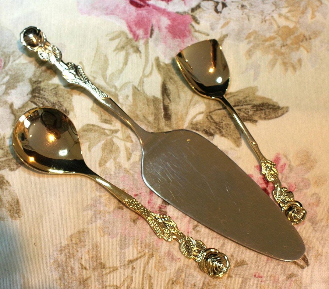 24 Carat Gold Plated Cake Serving Set: Rose Embossed German Spoons ...