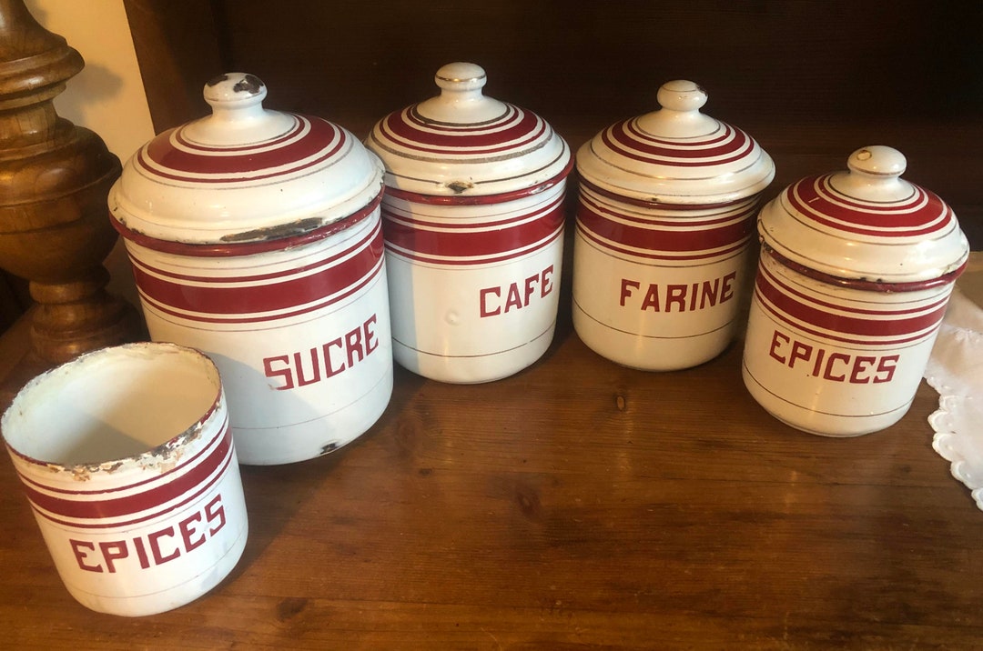 5 Enamel Jars With Lids, Red and White, Vintage, Shabby Chic, - Etsy