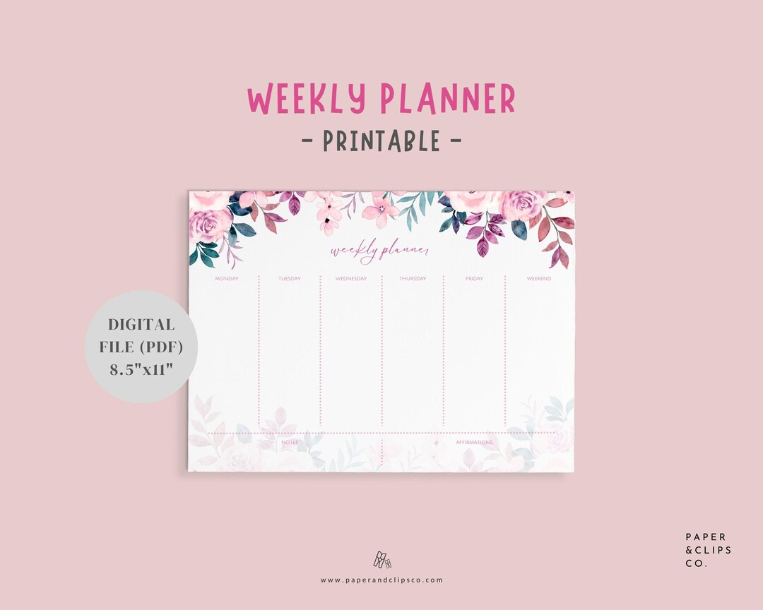 Printable Pink Floral Weekly Planner, Watercolor Floral Printable to Do ...