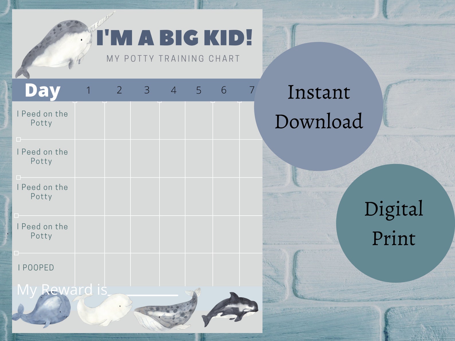 Whale Potty Training Chart, Reward Chart, Sticker Chart, Narwhal, Orca ...