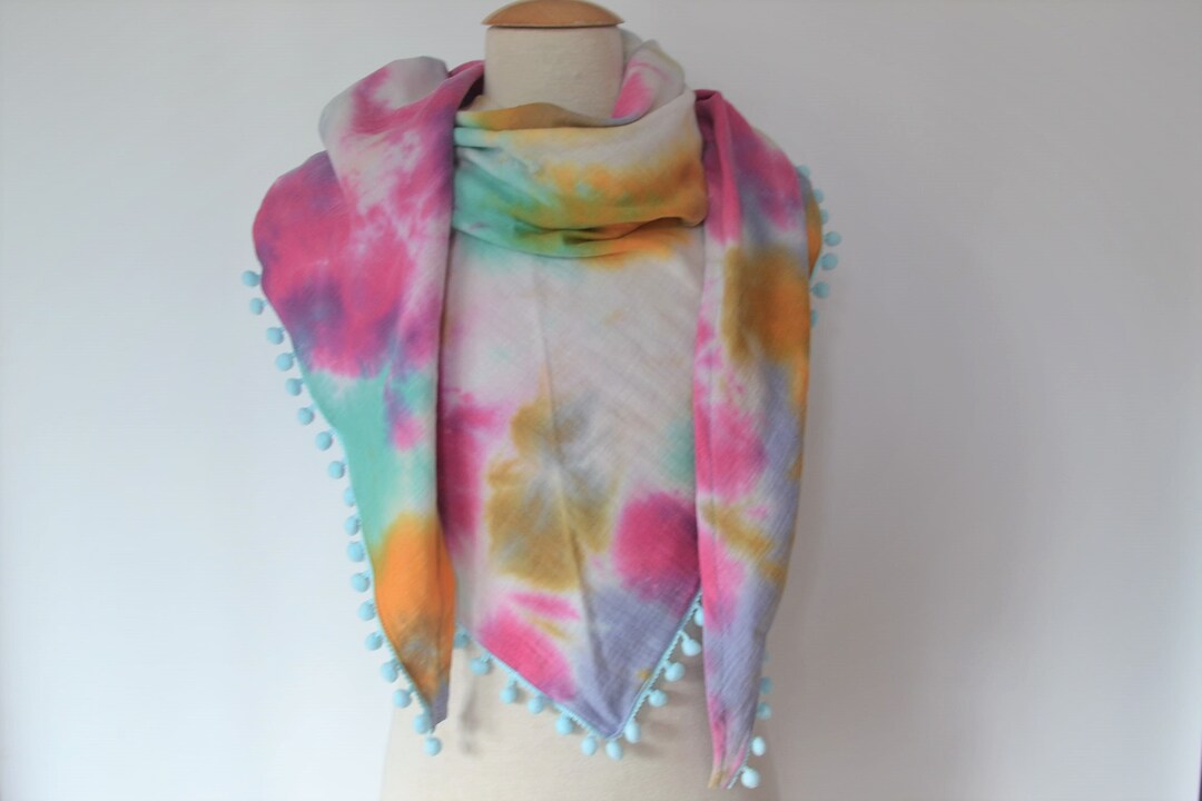 Triangular Scarf XXL Mousselin Batik With Turquoise Pompoms, Scarf XXL ...