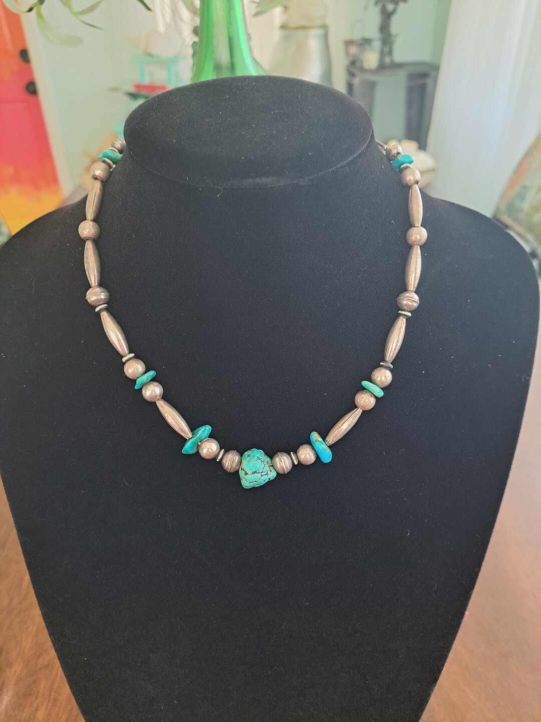 Vintage Native American Sterling Bench Bead and Turquoise Necklace - Etsy