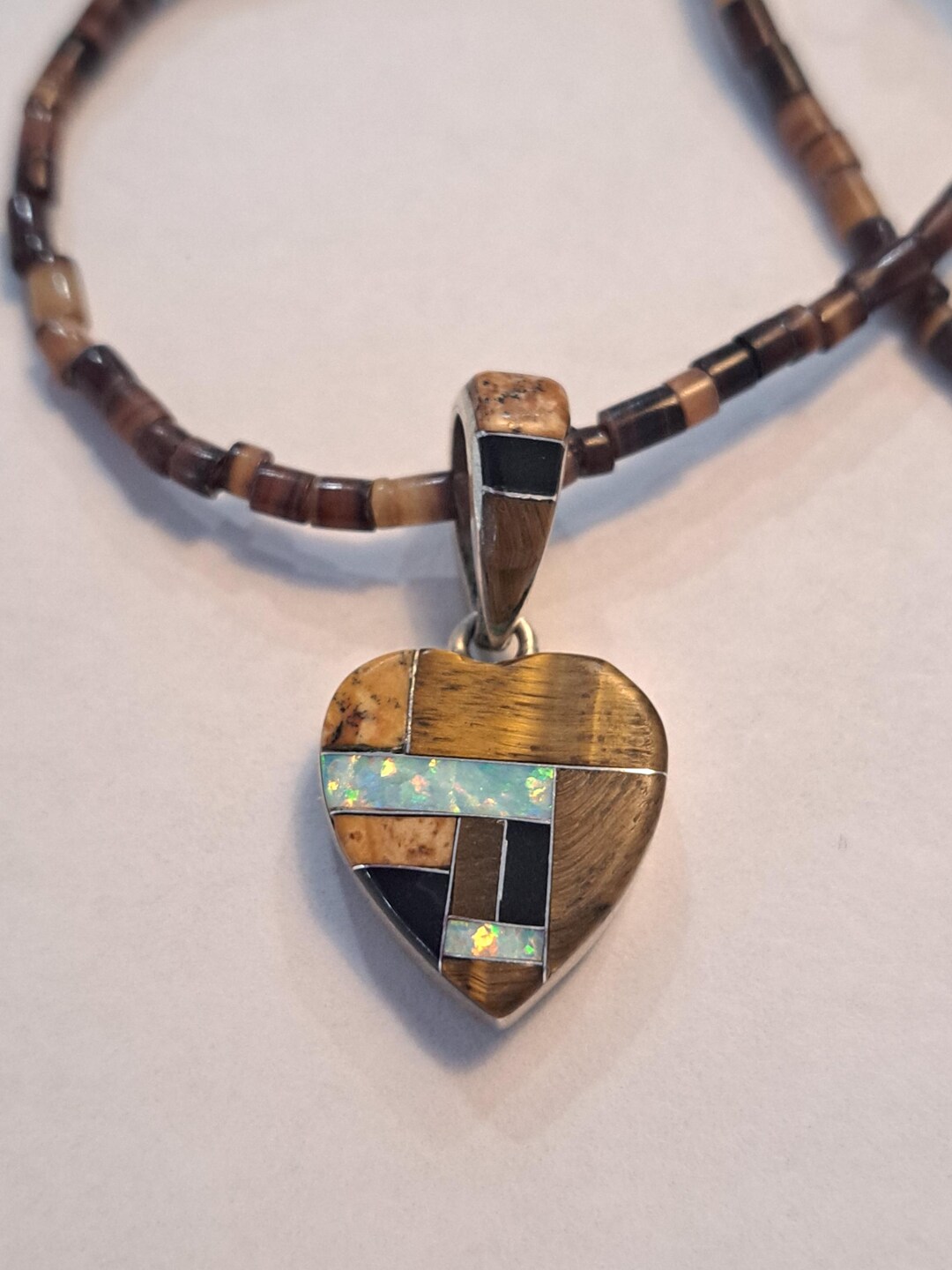Native American Reversible Inlaid Heart Pendant, Tiger Eye, Opal, Onyx ...