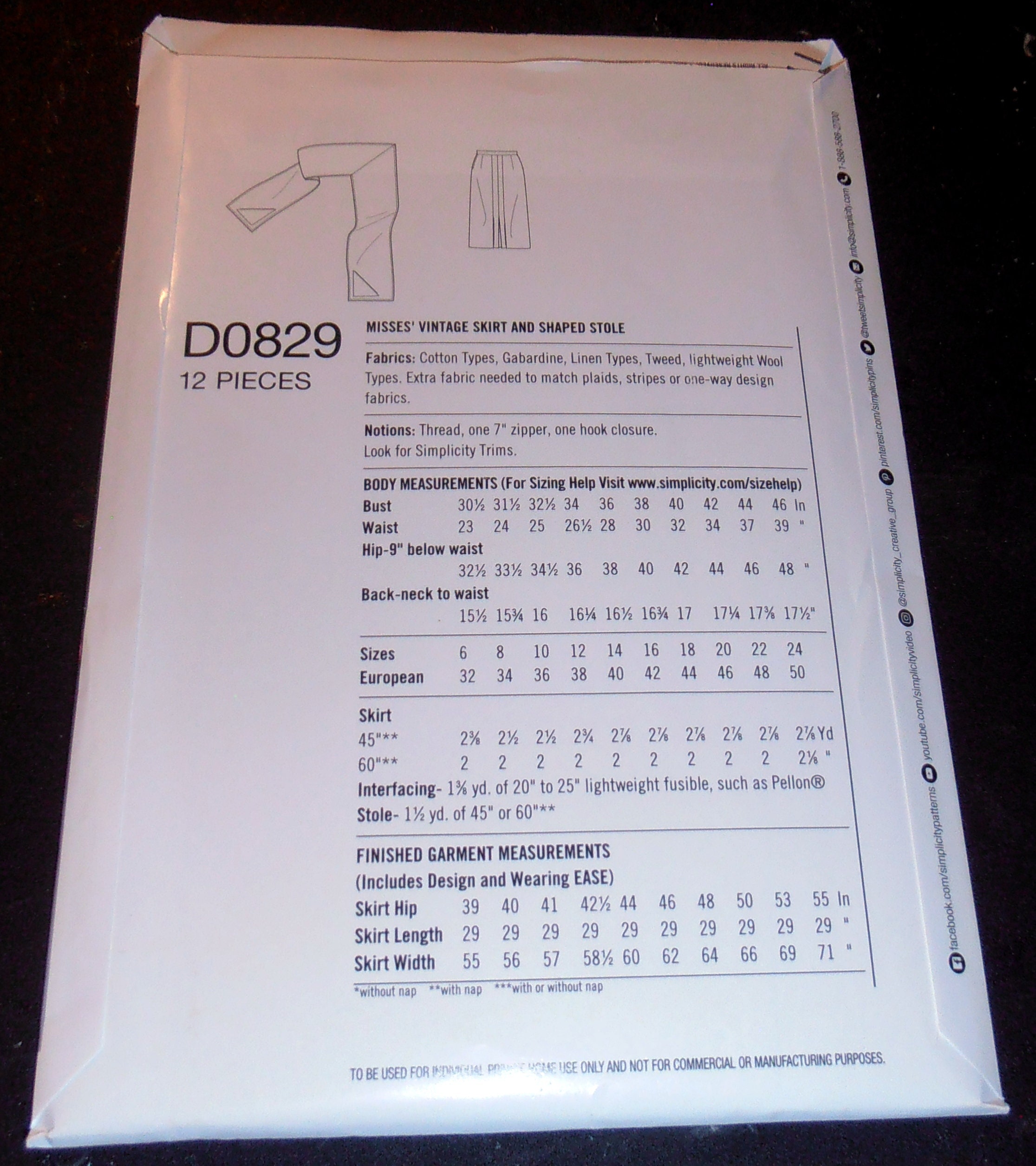 Misses Skirt and Stole Pattern, Simplicity 0829/8507 Sewing Pattern ...