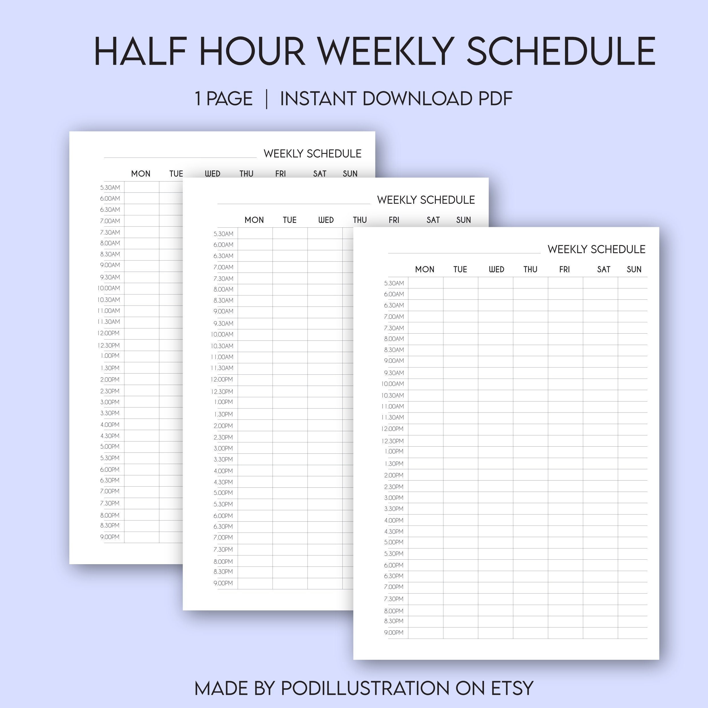 Weekly Schedule, Half Hour Weekly Planner, Minimalist Printable ...