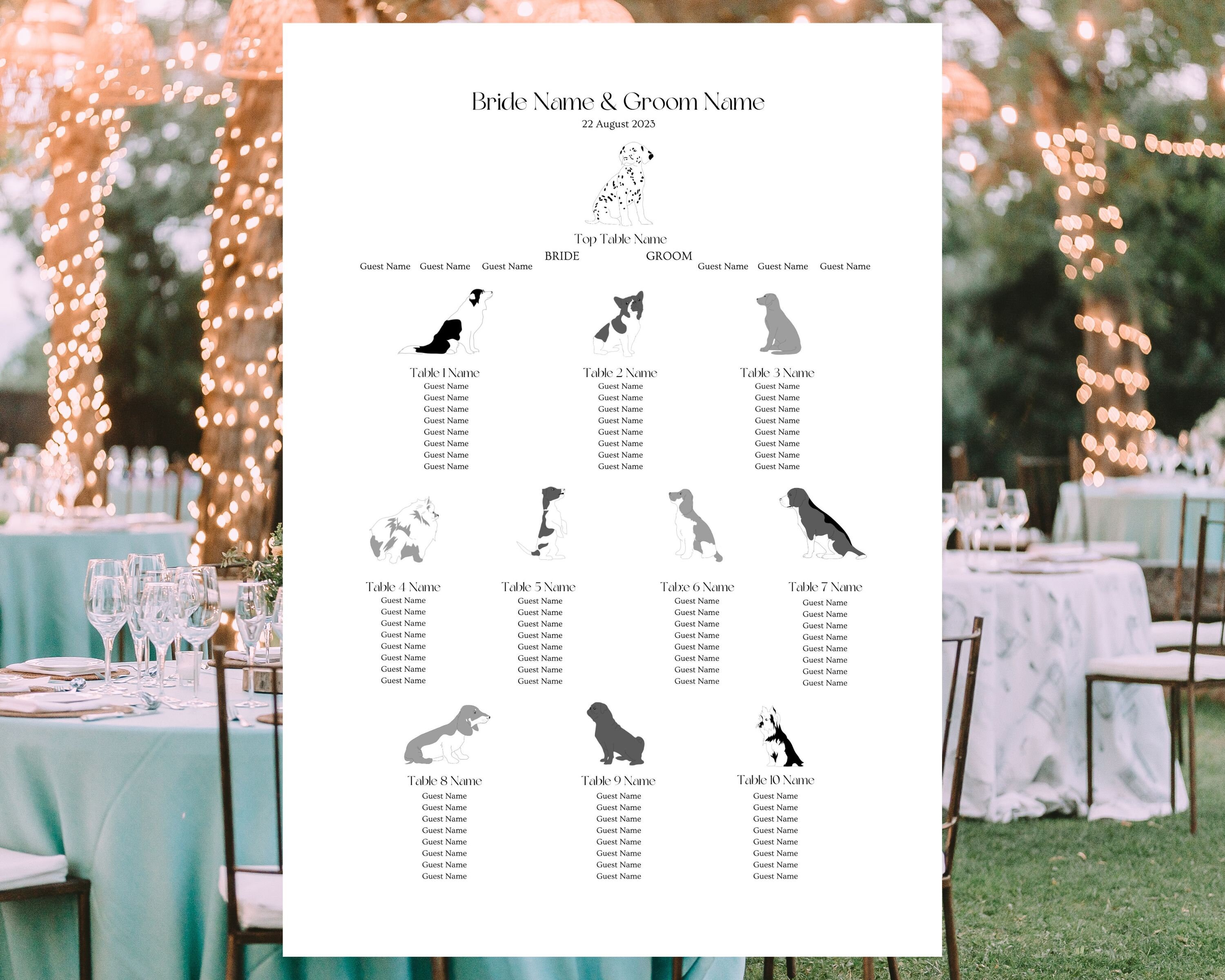 Dog Wedding Seating Chart, Bespoke Plan (digital A1 Pdf) Includes 11 ...