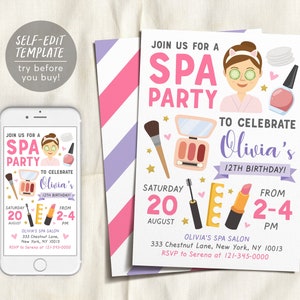 Spa Party Invitation Editable Template, Makeup Party Facial Mani Pedi ...