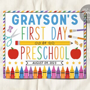Back to School Sign Editable Template, First Day of School Preschool ...