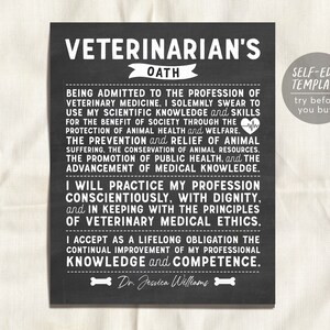Editable Veterinarian's Oath Chalkboard Gift Print Template, Animal ...
