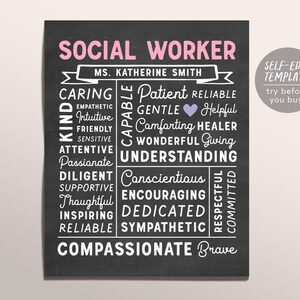 Editable Social Worker Chalkboard Gift Print Template, School ...