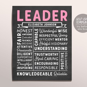 Editable Leader Chalkboard Gift Print Template, Unique Boss Lady Mentor ...