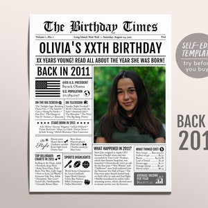 Back in 2011 Birthday Newspaper Editable Template, 12 13 14 Years Ago ...