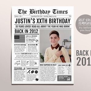Back in 2012 Birthday Newspaper Editable Template, 11 12 13 Years Ago ...