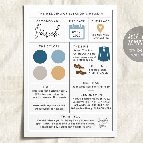 Groomsman Info Card Template Best Man Information Card - Etsy