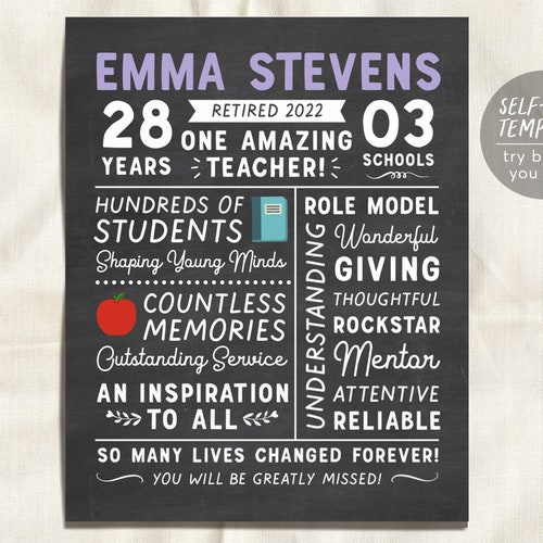 Editable Teacher Retirement Gift Chalkboard Printable Teacher - Etsy