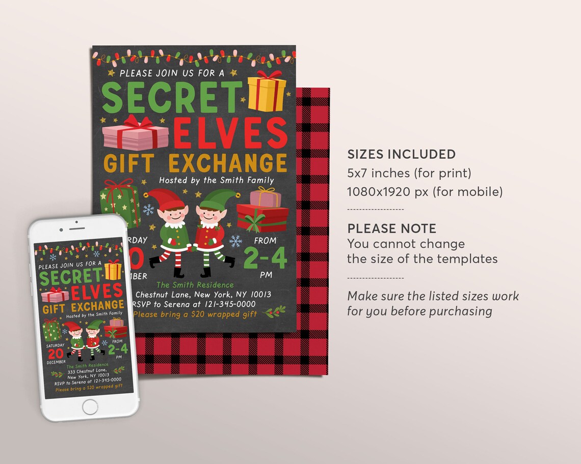 Secret Elves Gift Exchange Invitation Editable Template - Etsy
