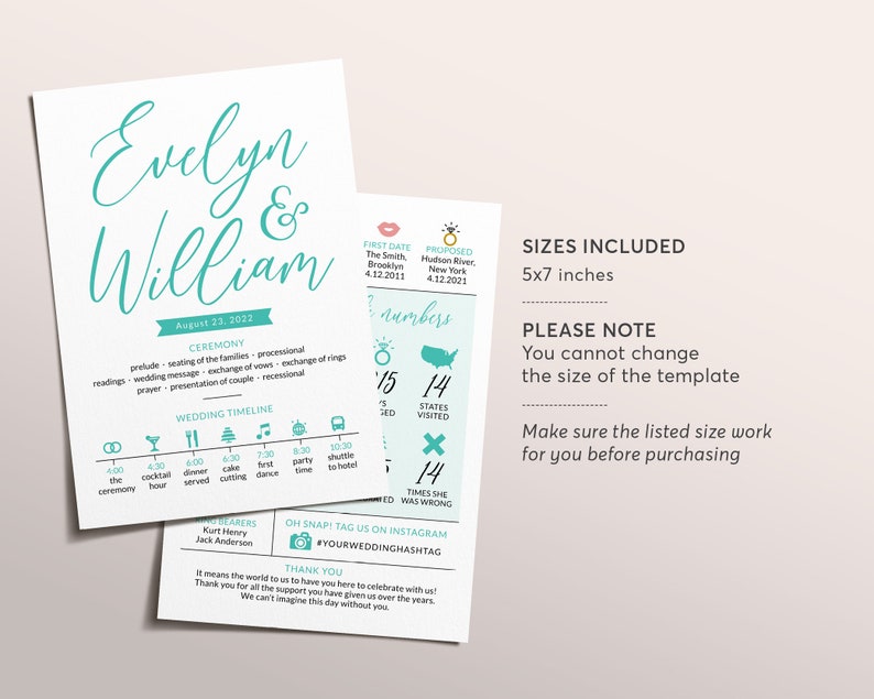 Teal Infographic Wedding Program Template Editable Reception - Etsy