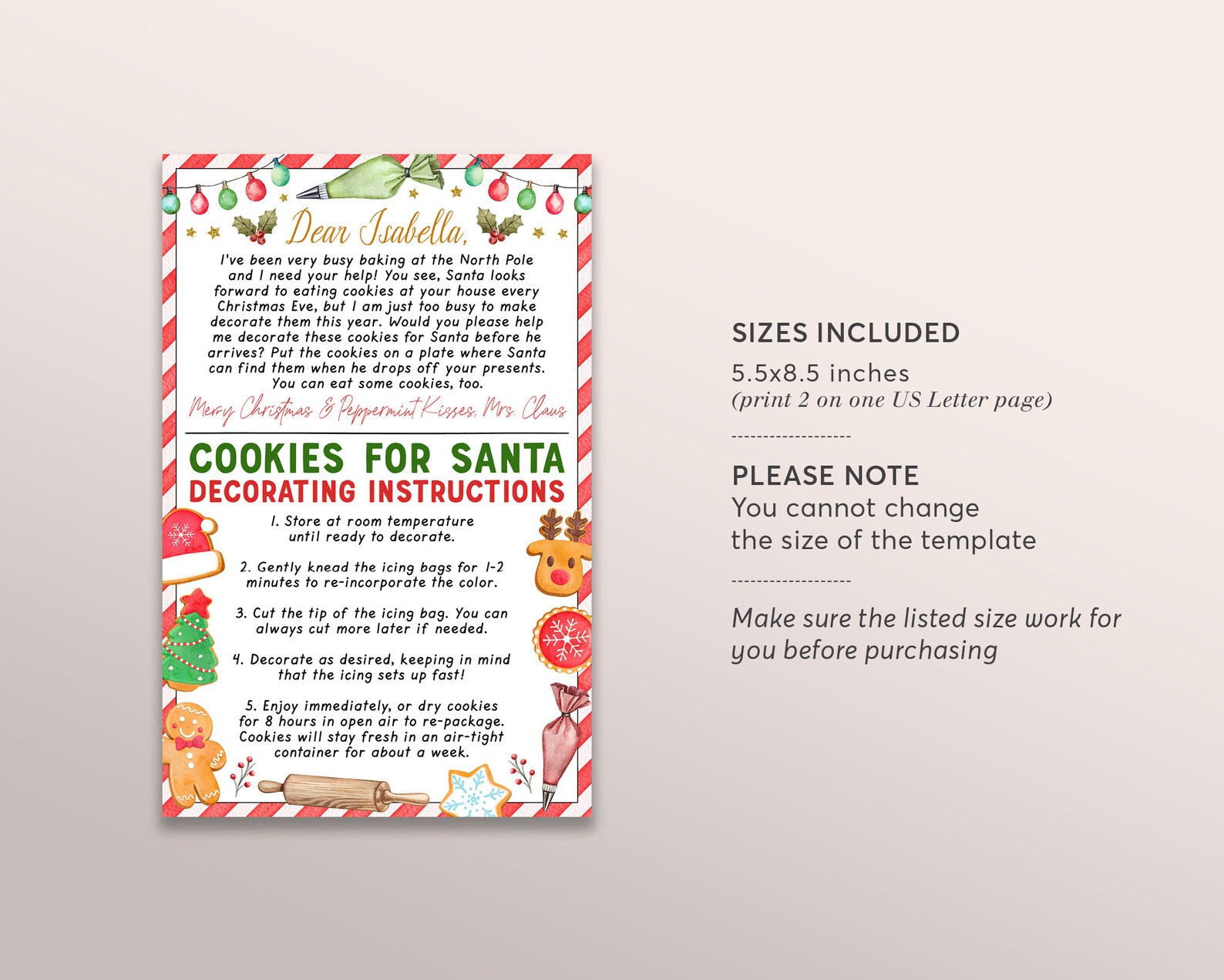 Letter From Mrs. Claus DIY Cookie Kit Instructions Card Editable ...