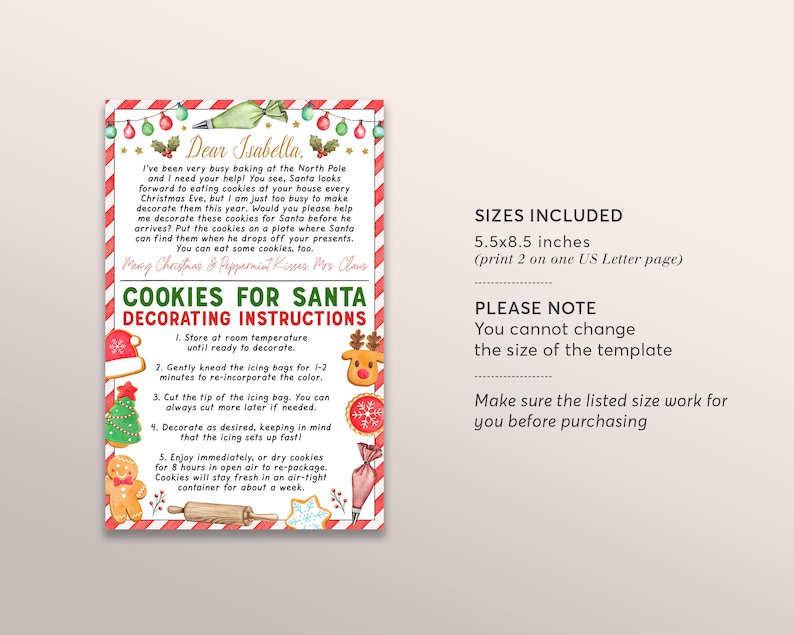 Letter From Mrs. Claus DIY Cookie Kit Instructions Card Editable ...