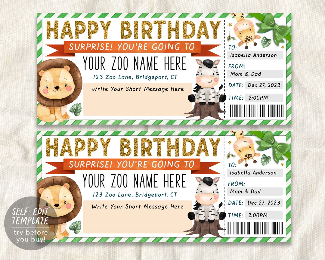 Birthday Zoo Ticket Editable Template, Surprise Gift for Kids, Zoo ...