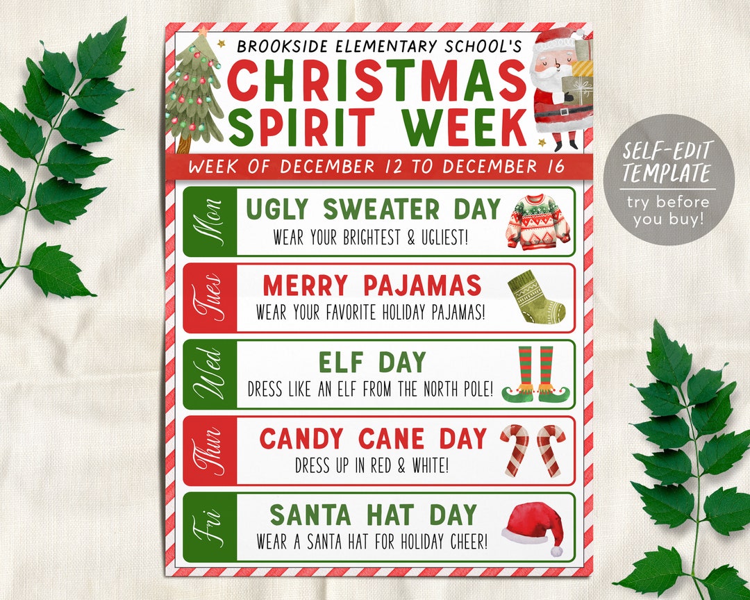 Christmas Spirit Week Itinerary Schedule Editable Template, Winter Xmas ...