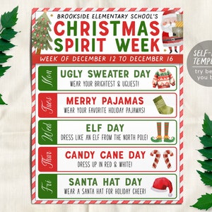 Christmas Spirit Week Itinerary Schedule Editable Template, Winter Xmas ...