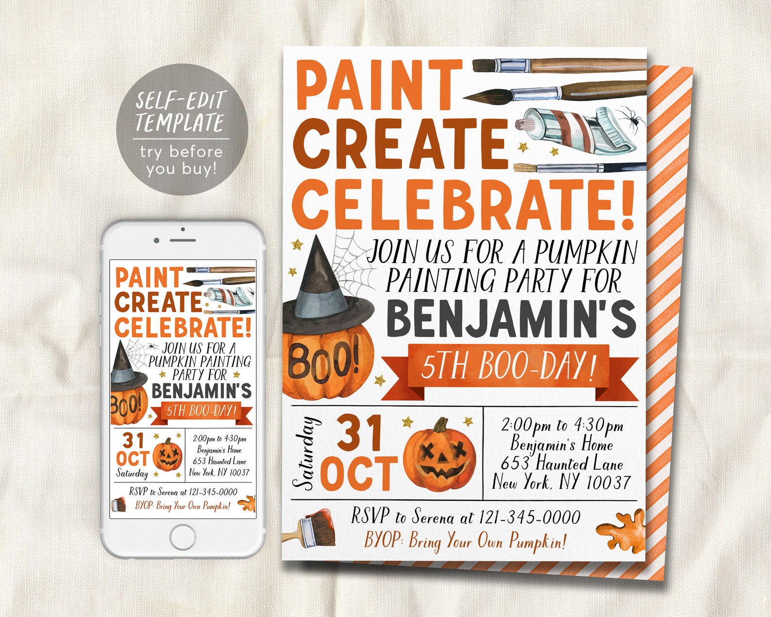 Pumpkin Painting Party Birthday Invitation Editable Template, Kids ...